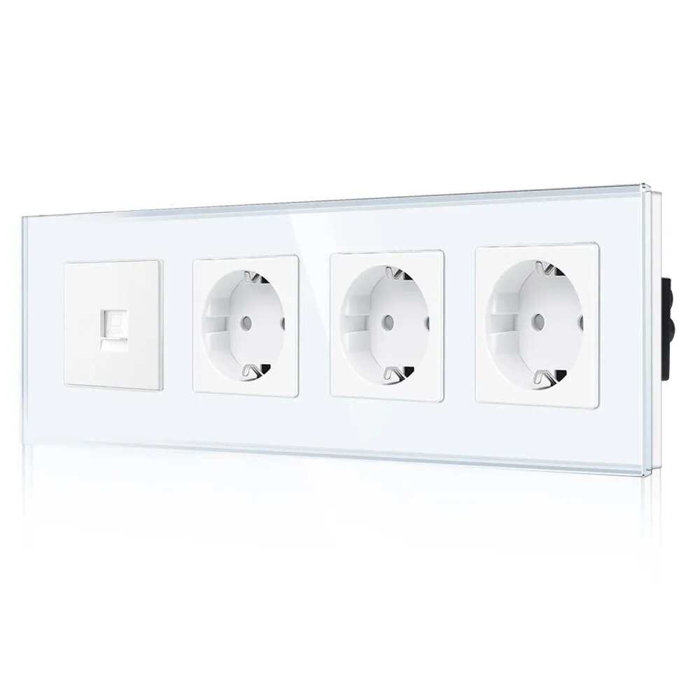 Розетка электрическая 4 поста 220В +Розетка RJ-45 CAT6 Ethernet Белый Стекло