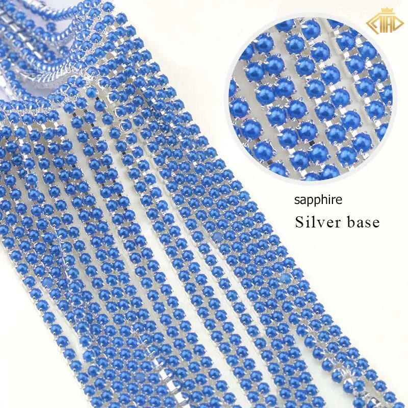 Цепочка с кристаллами Sapphire, синяя, серебряная основа