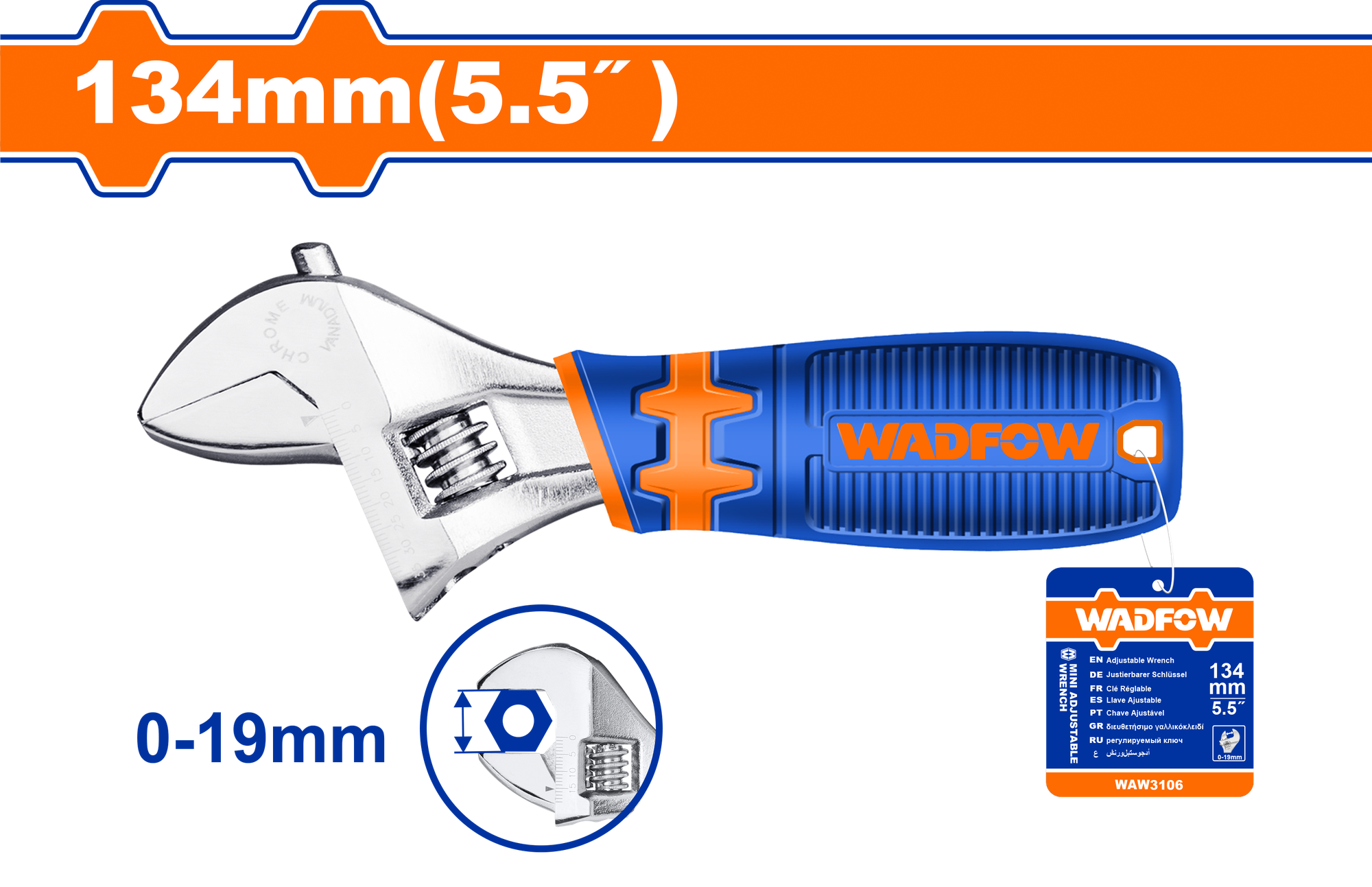 Ключ разводной мини "WADFOW" 5,5"-134мм, захват 0-19мм, углеродистая сталь