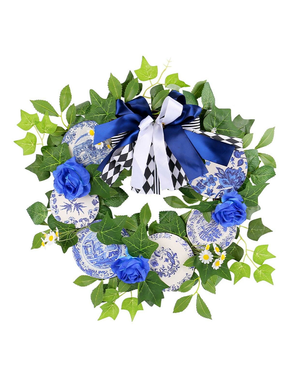 Сине-белый венок на зимнюю дверь фермерского дома 15-дюймовый Венок из фарфора