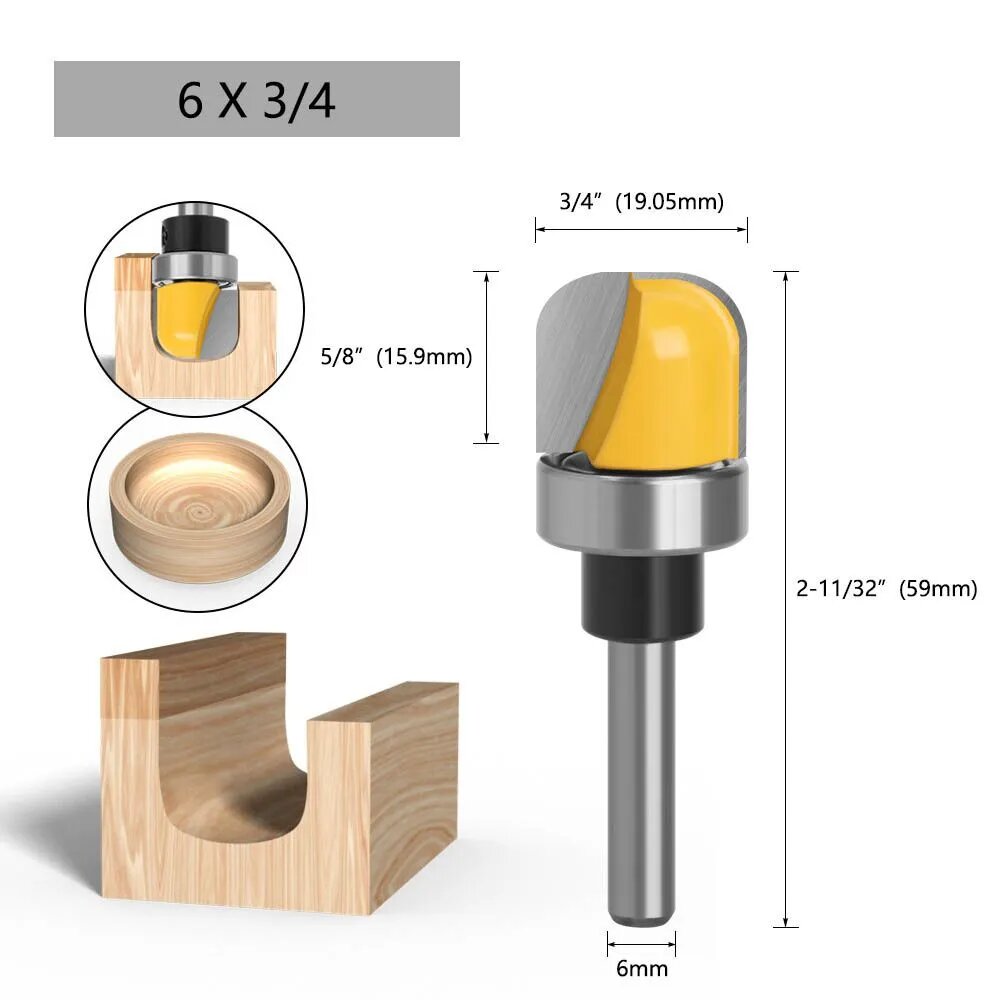 Фреза пазовая галтельная, фреза по дереву для изготовления чаш, менажница, 19.05 x 15.9 мм, хвостовик 6 мм