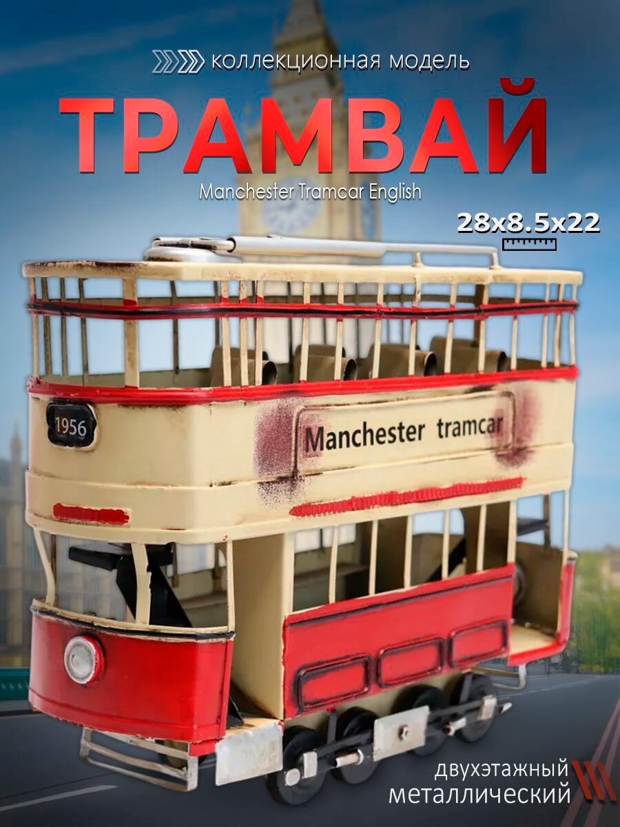 Ретро-модель двухэтажного трамвая "Manchester tramcar" 28*22см