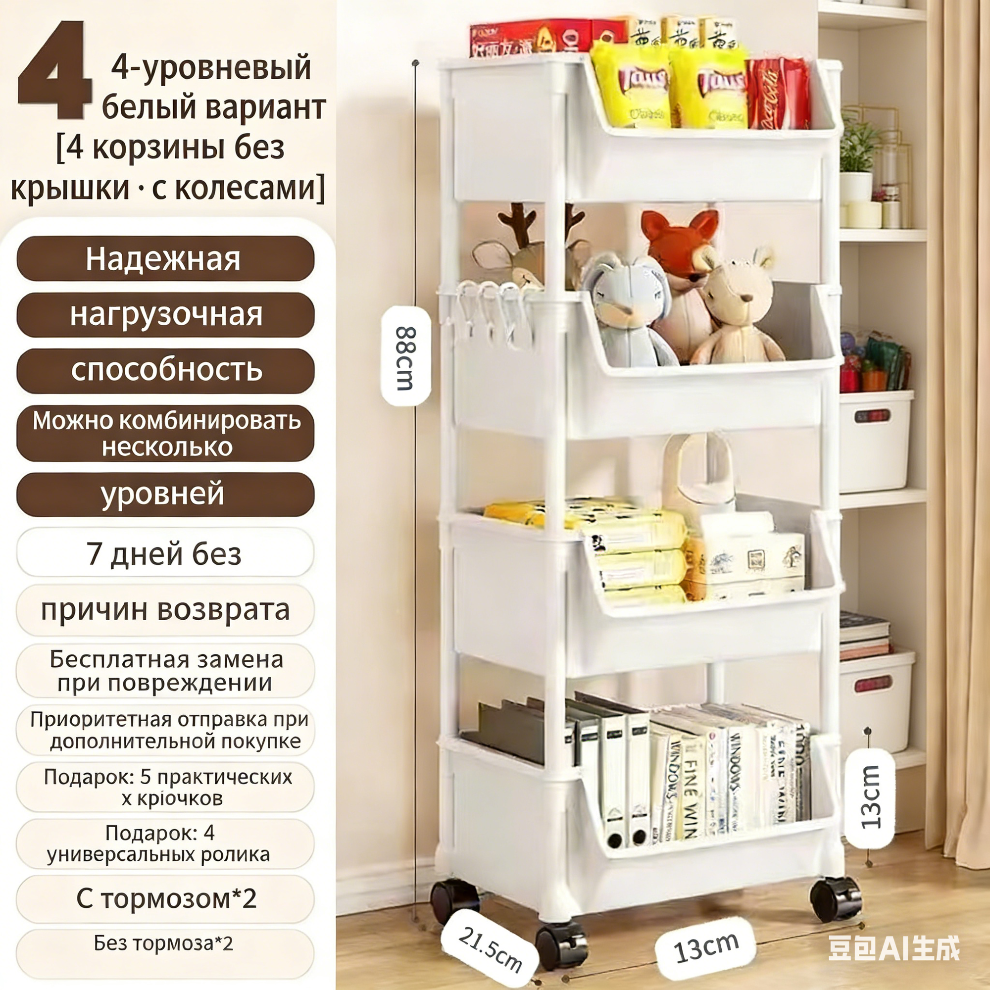 Практичный стеллаж для хранения, пластик, высота 88 см, четыре слоя