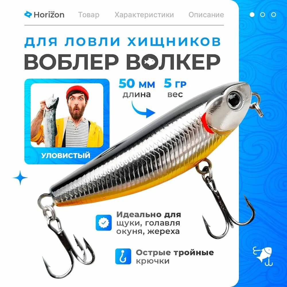 Воблер волкер для рыбалки на жереха, щуку, голавля, окуня 50мм 5гр / Рыболовная поверхностная приманка на хищника для спиннинга уолкер
