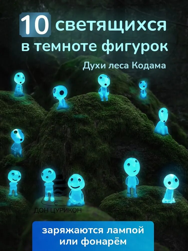 Набор светящихся в темноте фигурок "Кодама" (Духи леса), Принцесса Мононоке. 10 синих шт.