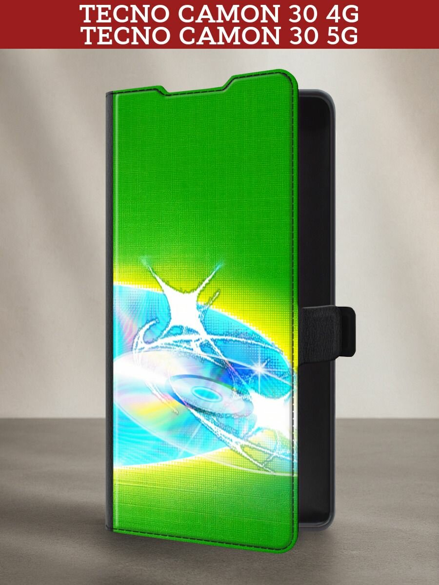 Чехол-книжка на Tecno Camon 30 4G/Tecno Camon 30 5G / Текно Камон 30 4G/Камон 30 5G с принтом Блестящий диск, черный