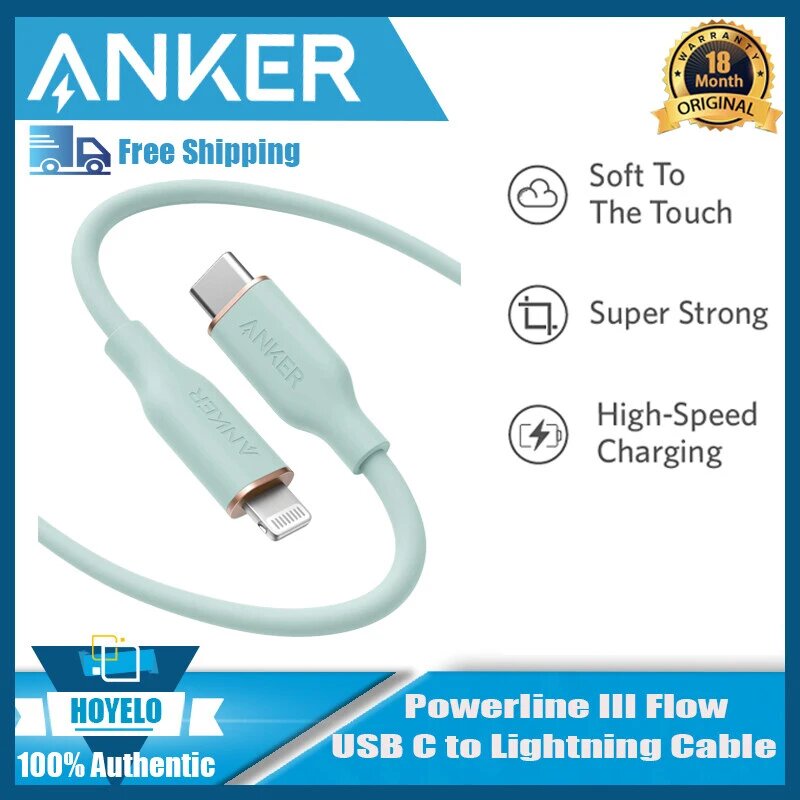 Кабель Anker Powerline III Flow Type-C для Lightning, сертифицированный для iPhone 14/14 Pro/14 Plus/14 Pro Max и многого другого 0,9 м, зеленый