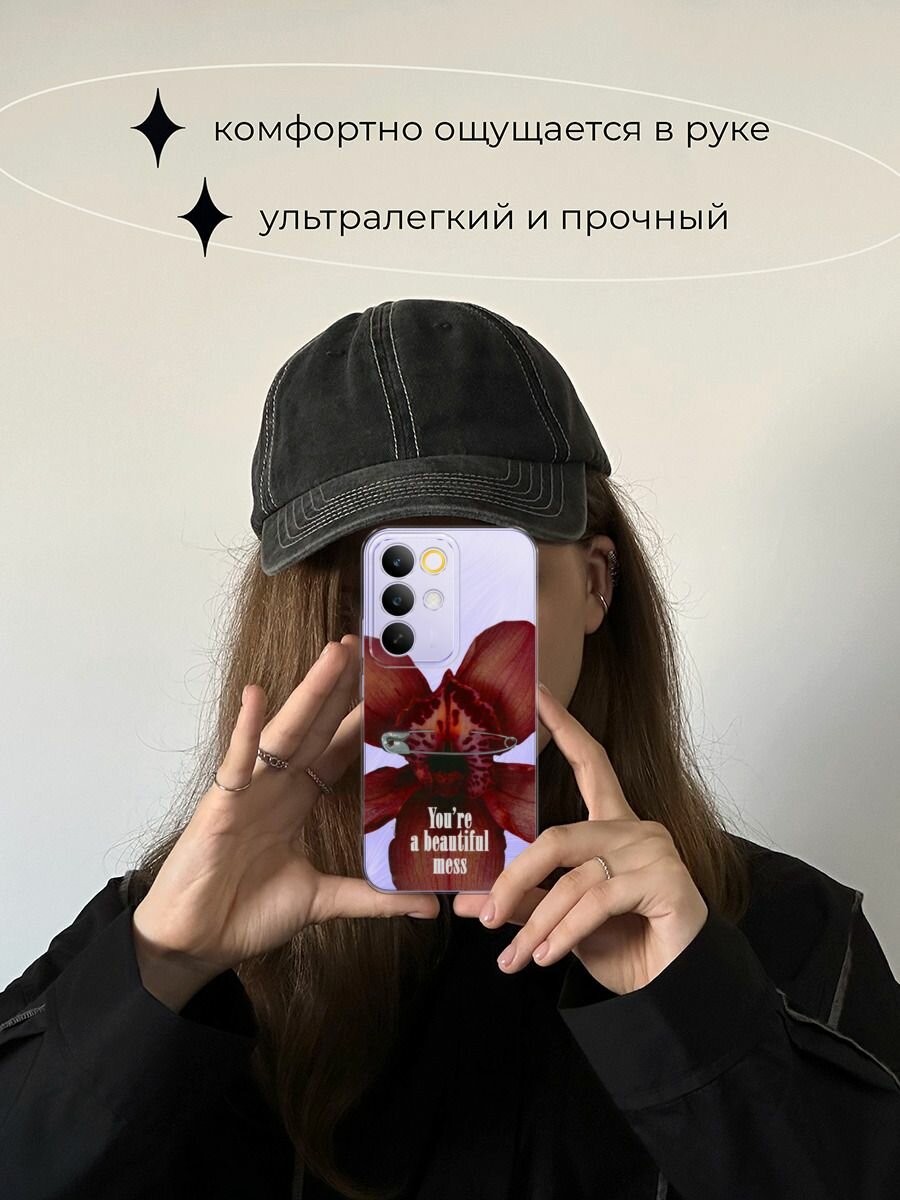 Чехол на Realme C85 Pro / Реалми C85 Про с принтом Красная орхидея с булавкой 3, прозрачный — фото 1