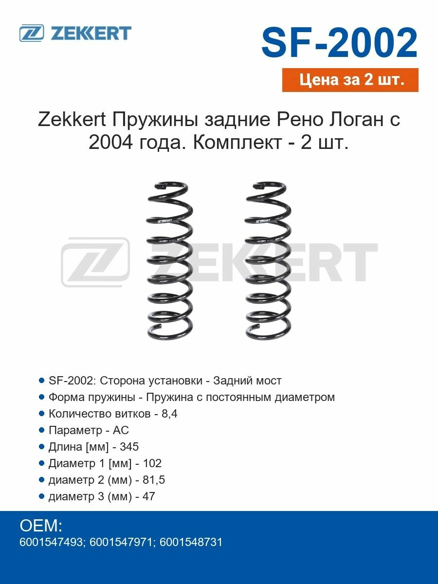 Zekkert Пружины задние Рено Логан с 2004 года. Комплект - 2 шт.
