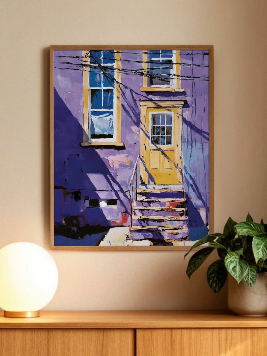 Постер на стену 40х50 Дом с жёлтой дверью, без рамы, городской пейзаж на бумаге