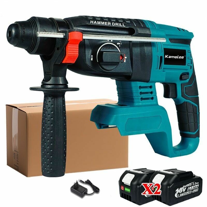 Беспроводной бесщеточный перфоратор kamolee на 2000 Вт, премиум комплектация с двумя аккумуляторами 5.0 Ач в гофроящике