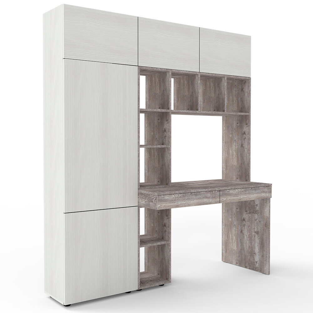 Стол письменный со стеллажом и шкафом 1800 Бетон Белое Дерево