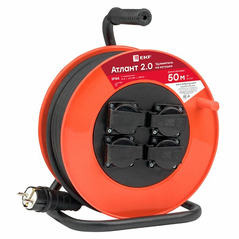 Удлинитель на катушке Атлант 2.0/ 4 розетки/ 50 метров/ с заземлением/ КГхл 3*1,5 16А/3,5кВт/ IP44/ EKF PROxima