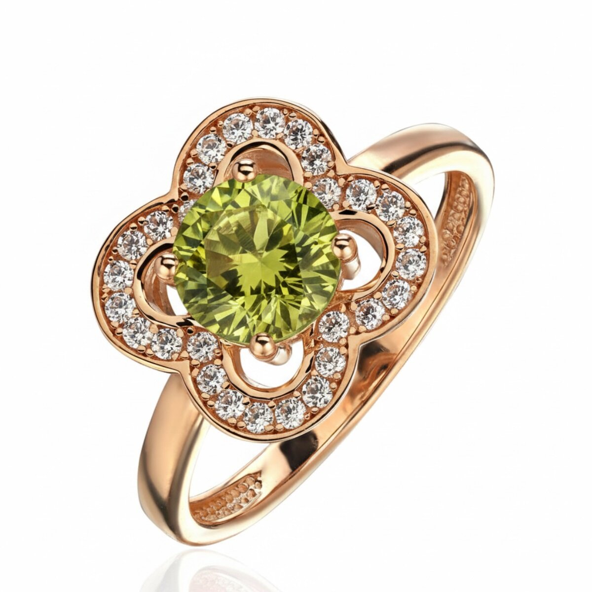 Кольцо, красное золото, 585 проба, фианит, хризолит