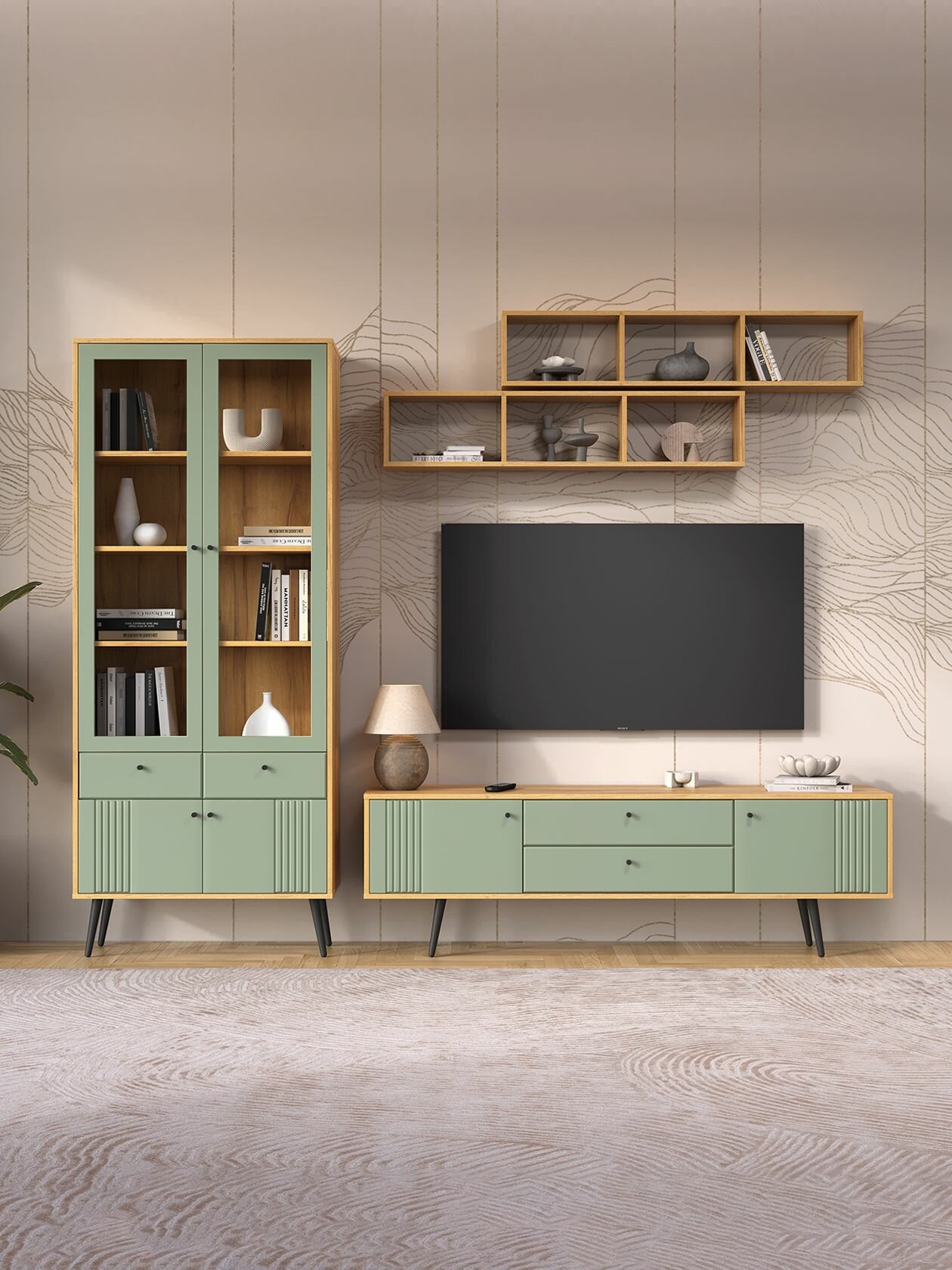 Гостиная комплект Вега Саксония Оптима, шкаф-витрина, тумба под телевизор, настенная полка 2 шт, 232,4x40x200 см, Дуб Крафт золотой / Серо-зеленый