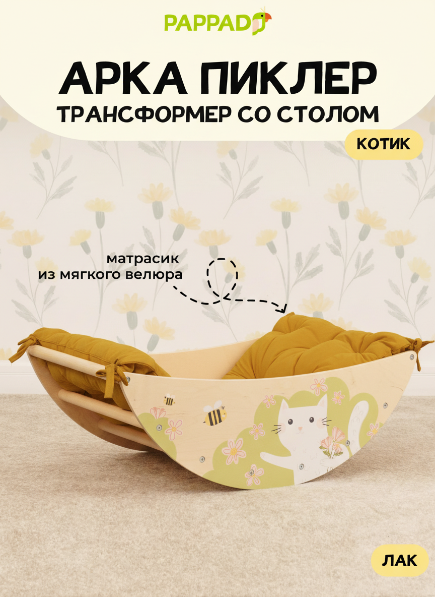 Детская арка-качалка со столиком Пиклер для детей 1-7 лет PAPPADO, принт "Котик" + желтый матрасик, велюр