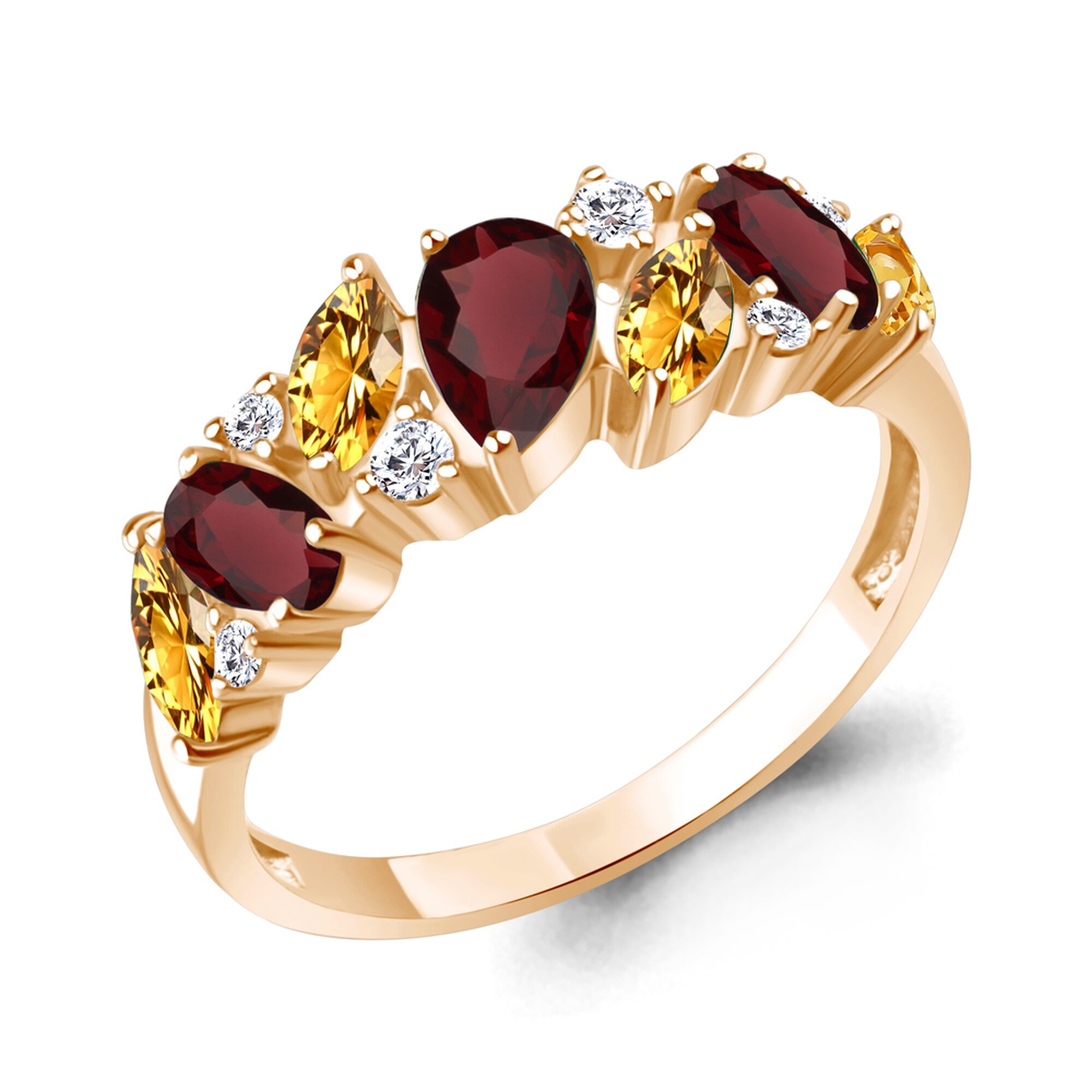 Кольцо, серебро, 925 проба, золочение, гранат, цитрин, фианит