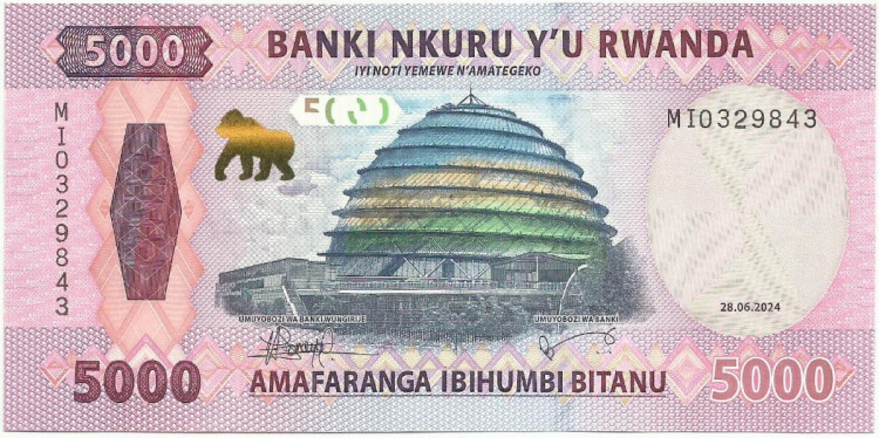 Банкнота номиналом 5000 франков Руанды 2024 года. Состояние UNC P-W45 (40856)