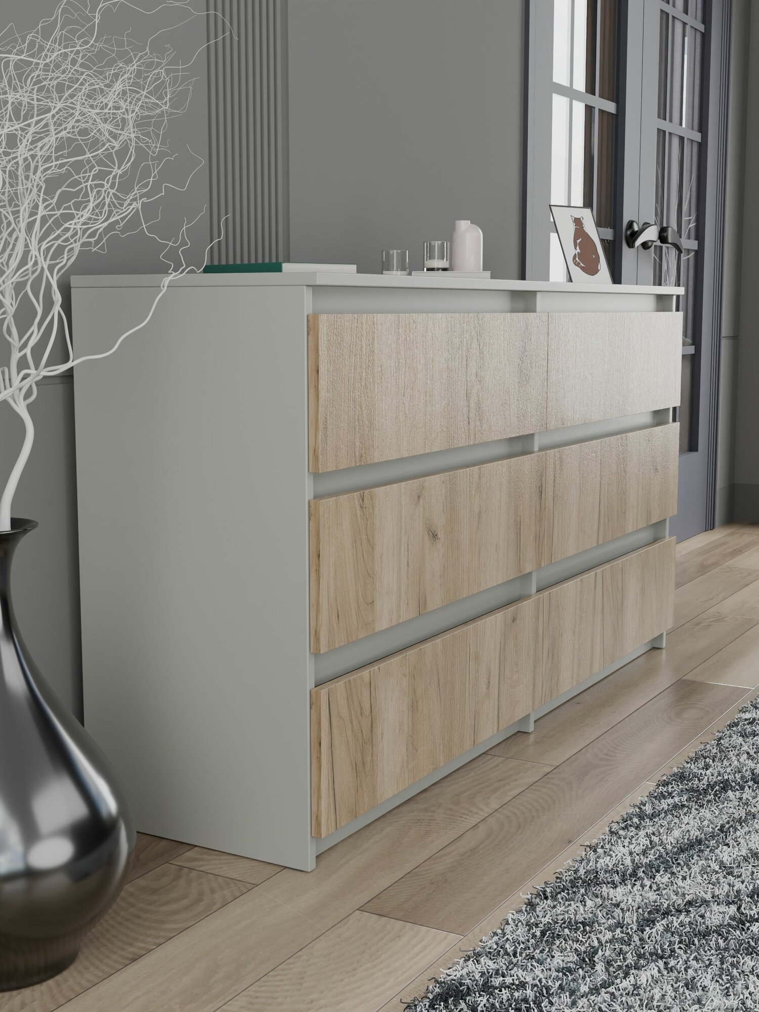 Комод для белья и одежды орлан 6 ящиков, 140х76.4х40 см, шиншилла серая/дуб крафт серый