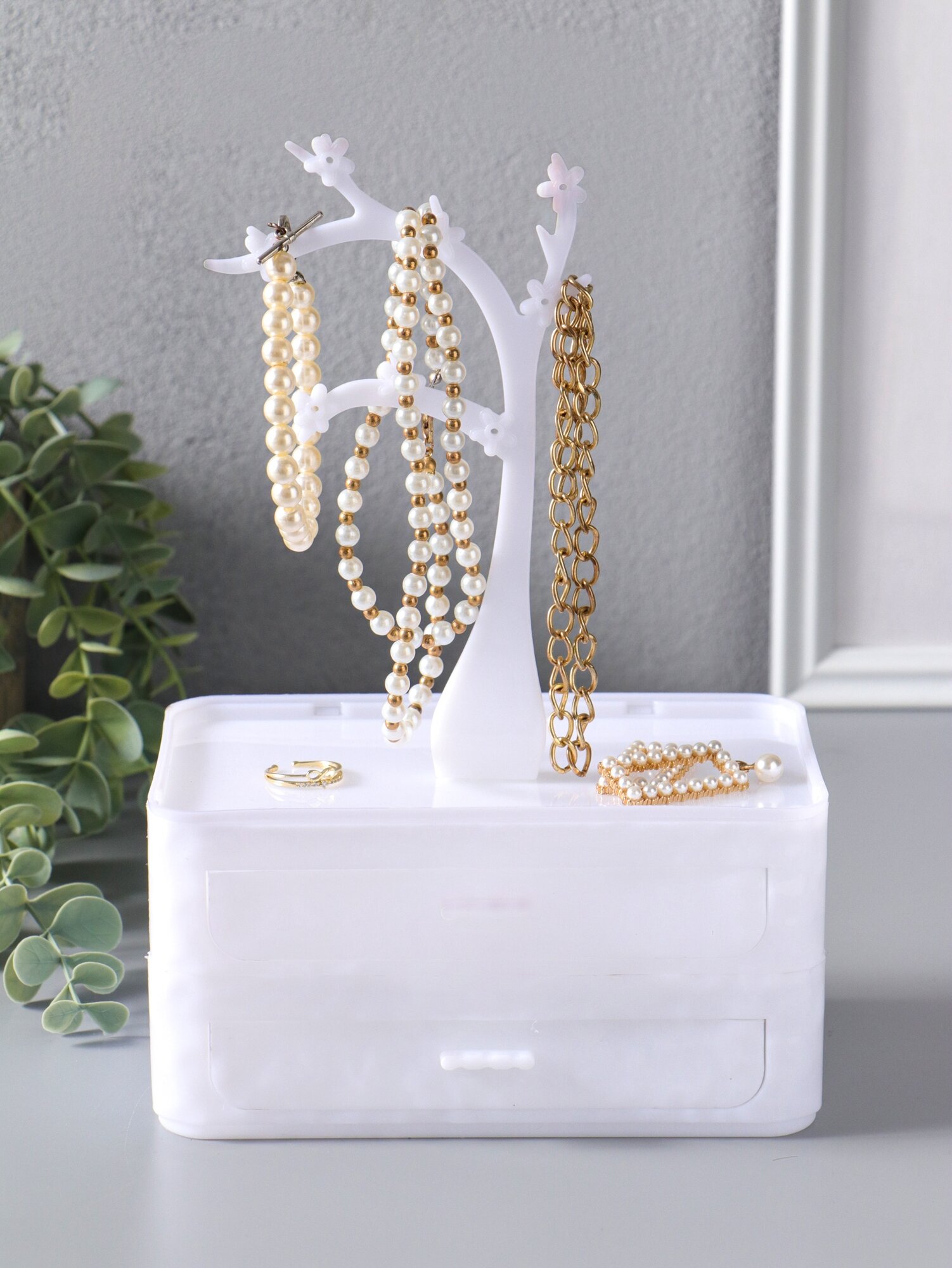Шкатулка украшений «Цветущее дерево», 2 яруса, 17.2×10.5×24 см, белая