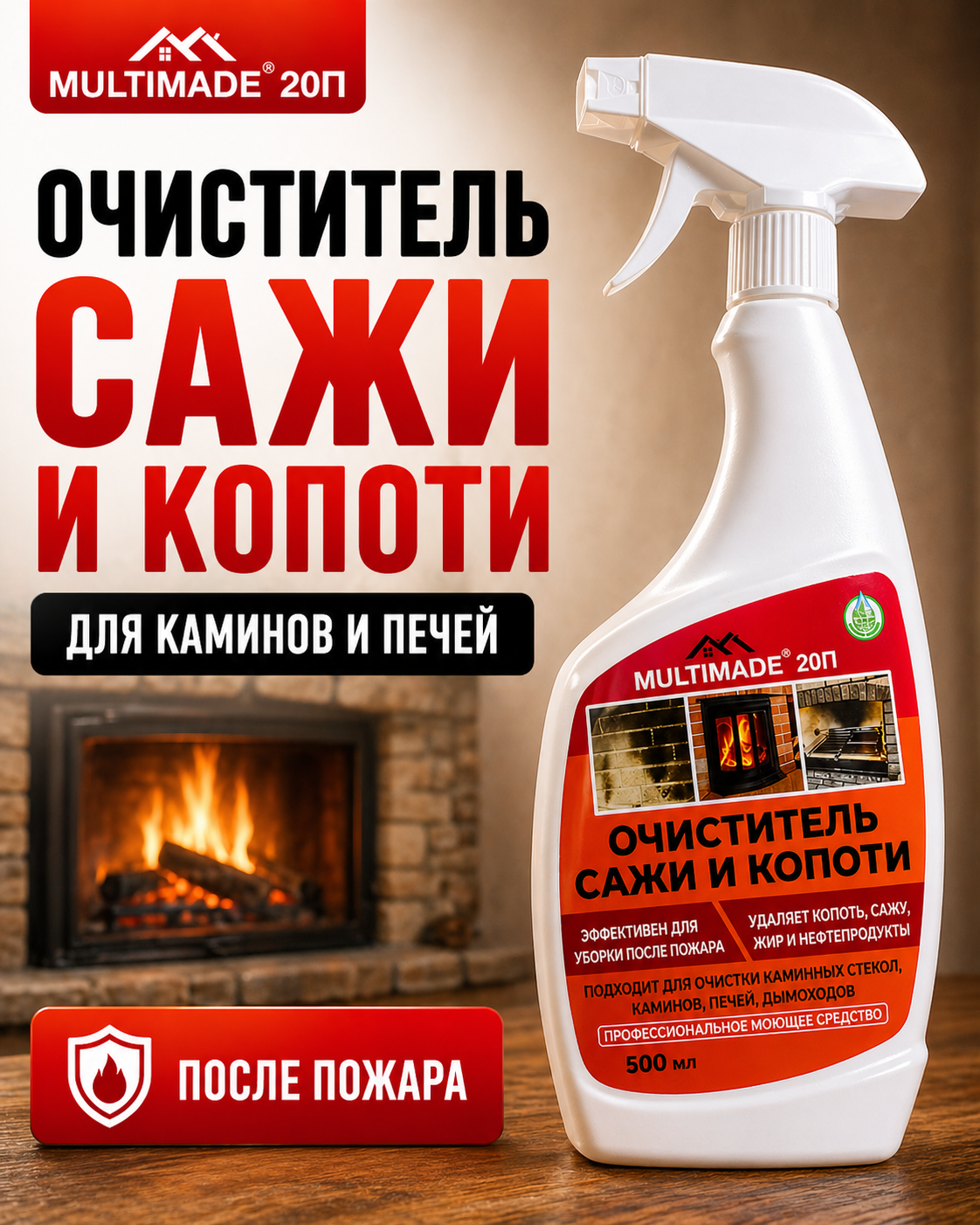 Очиститель сажи и копоти Мультимэйд 20П, средство после пожара, для каминов, печей, стекол и кирпича, 500 мл