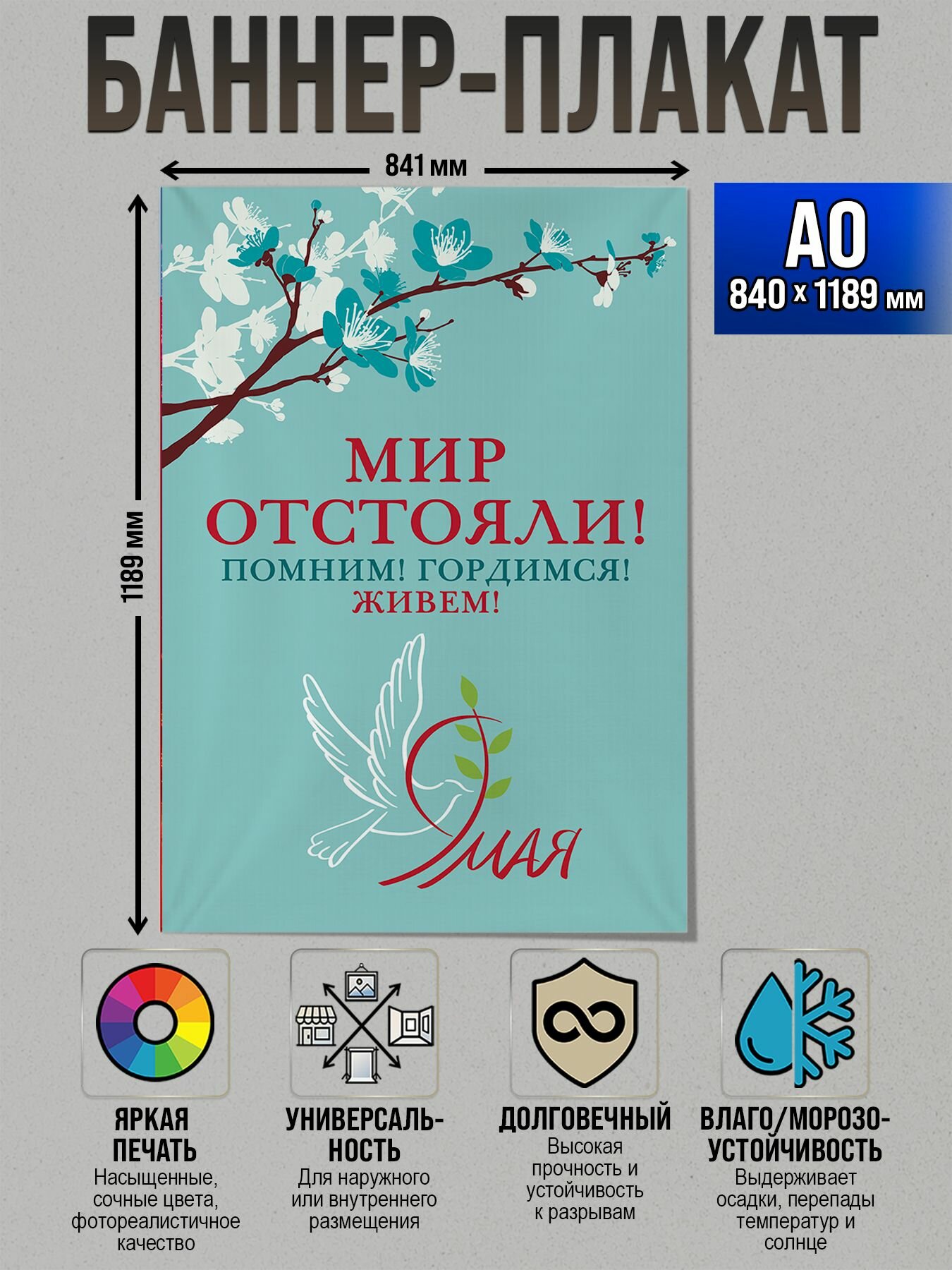 Баннер-плакат на 9 мая / Постер-Растяжка на улицу ко Дню Победы / А-0 (84x119 см.)