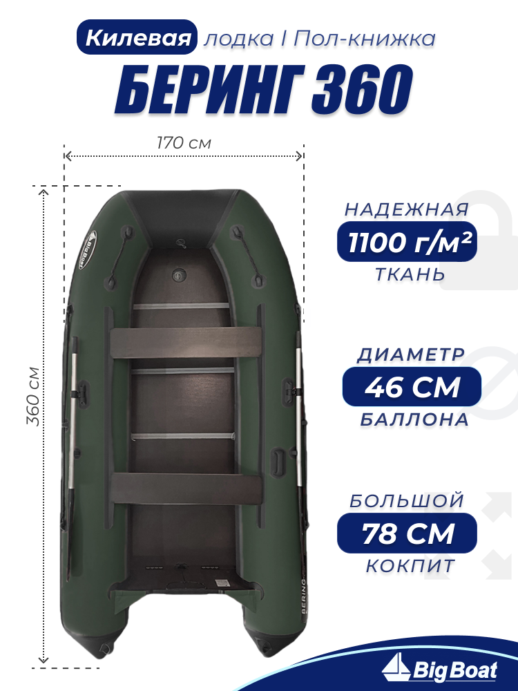 Надувная, под мотор, килевая лодка из ПВХ для рыбалки Bering (Беринг) 360К пол-книжка