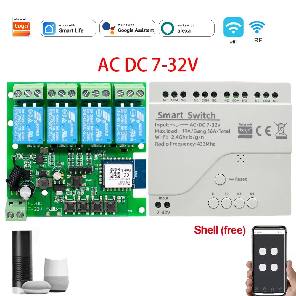 4-канальный Wi-Fi реле модуль Tuya 7-32V AC DC