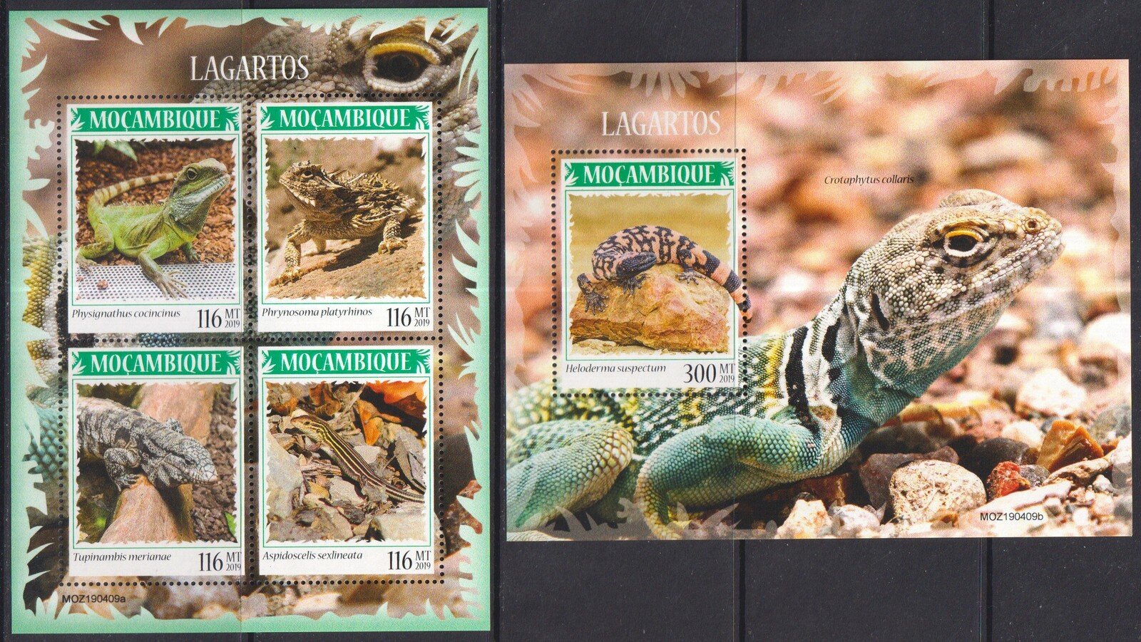 Марки 2019 год Мозамбик Ящерицы Рептилии Фауна #10430-3+Bl1525 Mnh