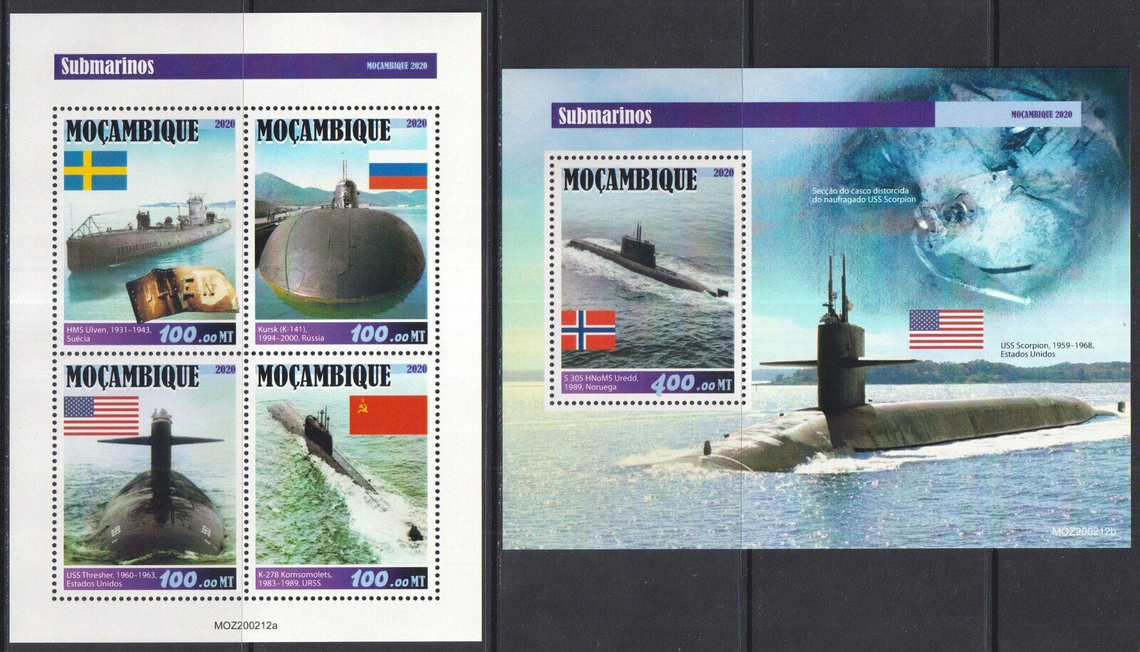 Марки 2020 год Мозамбик Подводные лодки Военные корабли #10985-8+Bl1632 Mnh