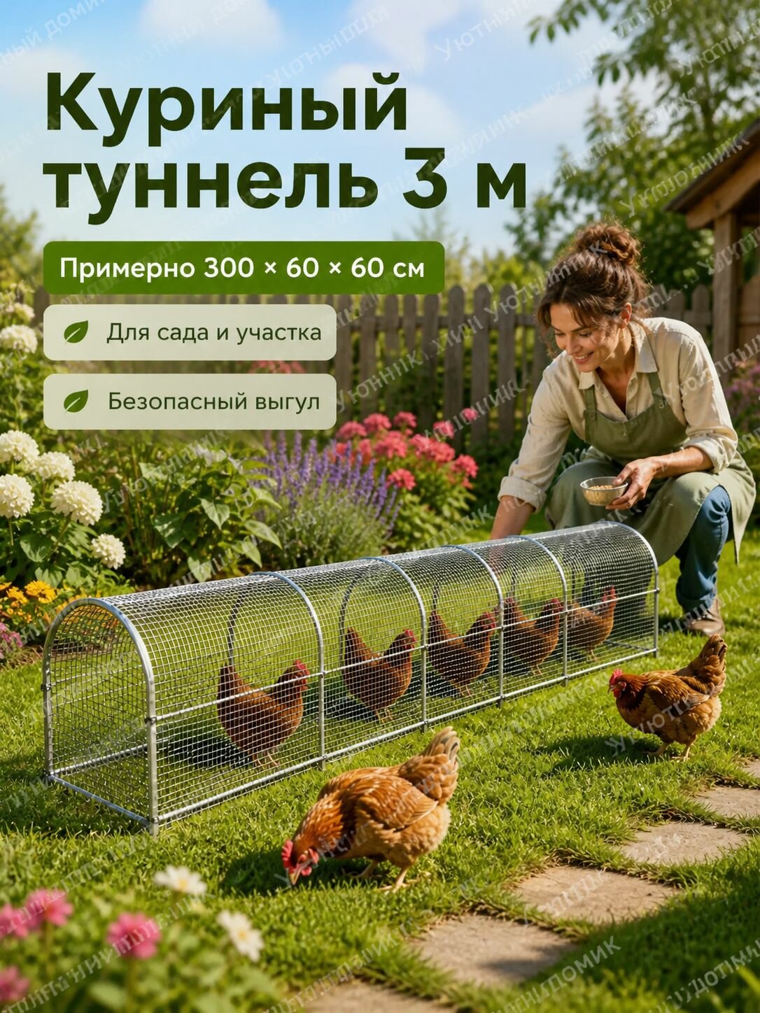 Эксклюзивная туннельная клетка GEALFIS 300x60x60 см для домашнего и уличного содержания птицы