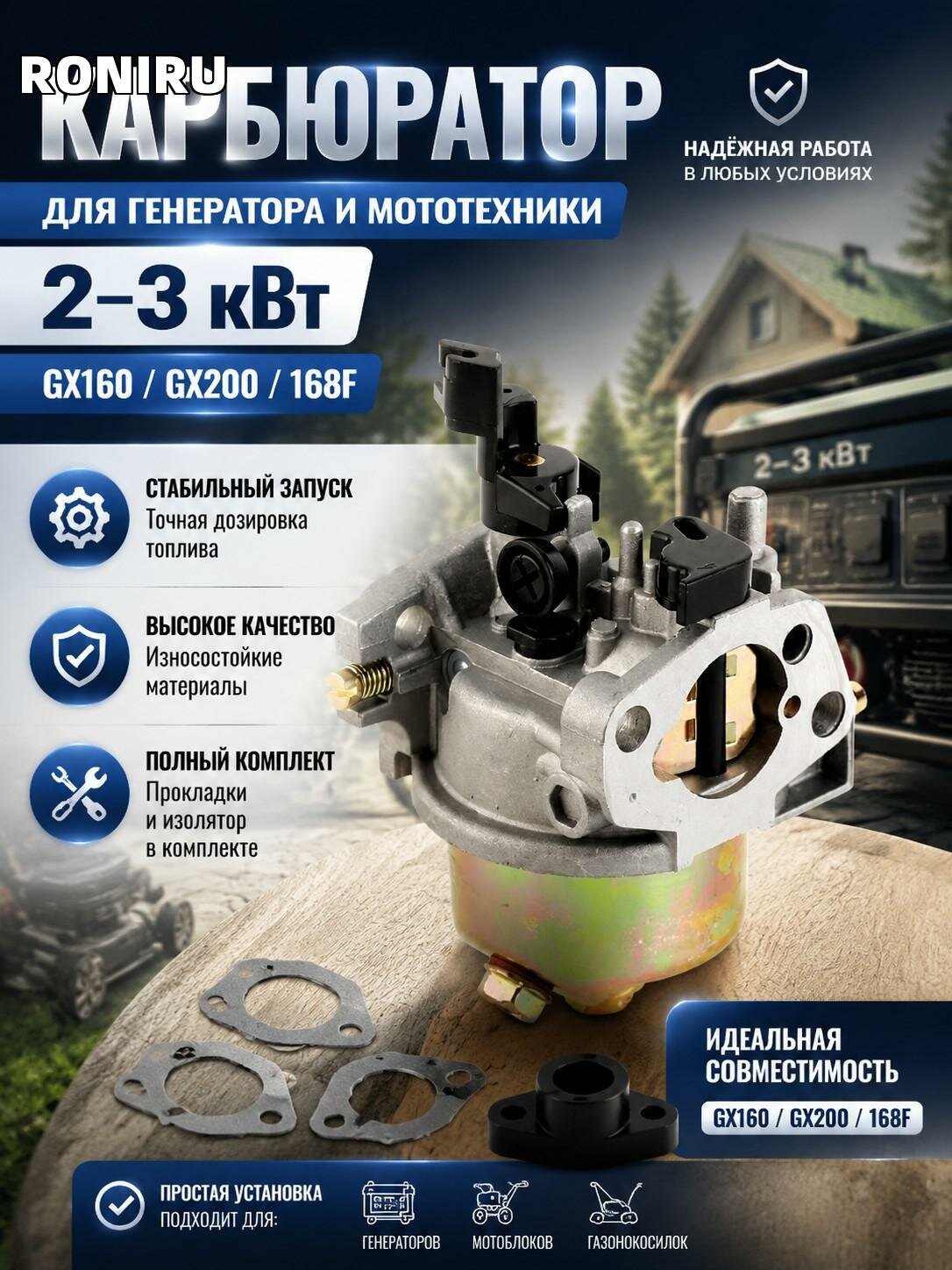 Карбюратор для генератора и малой мототехники 2–3 кВт (GX160/GX200/168F), в комплекте прокладки и изолятор