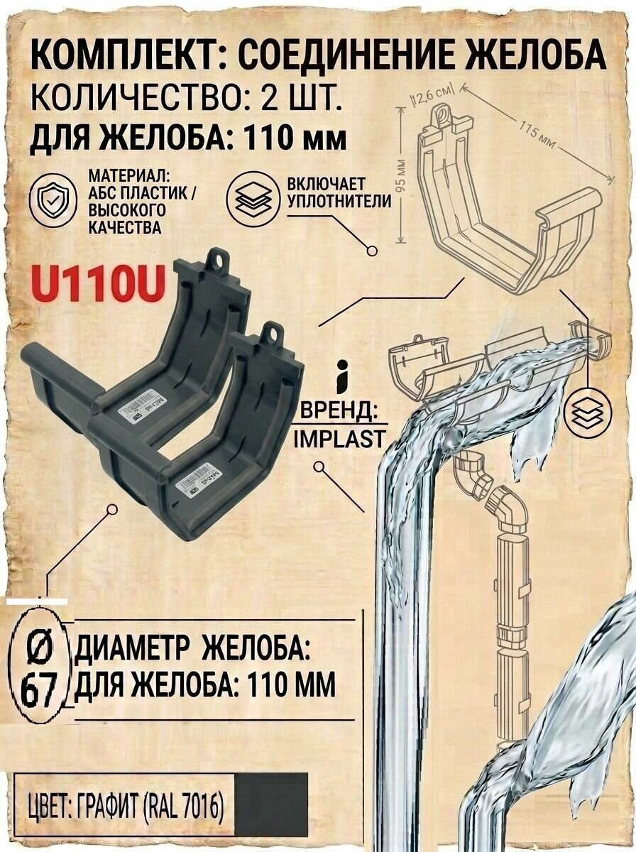Соединение желоба U110 - серый - 2 штуки