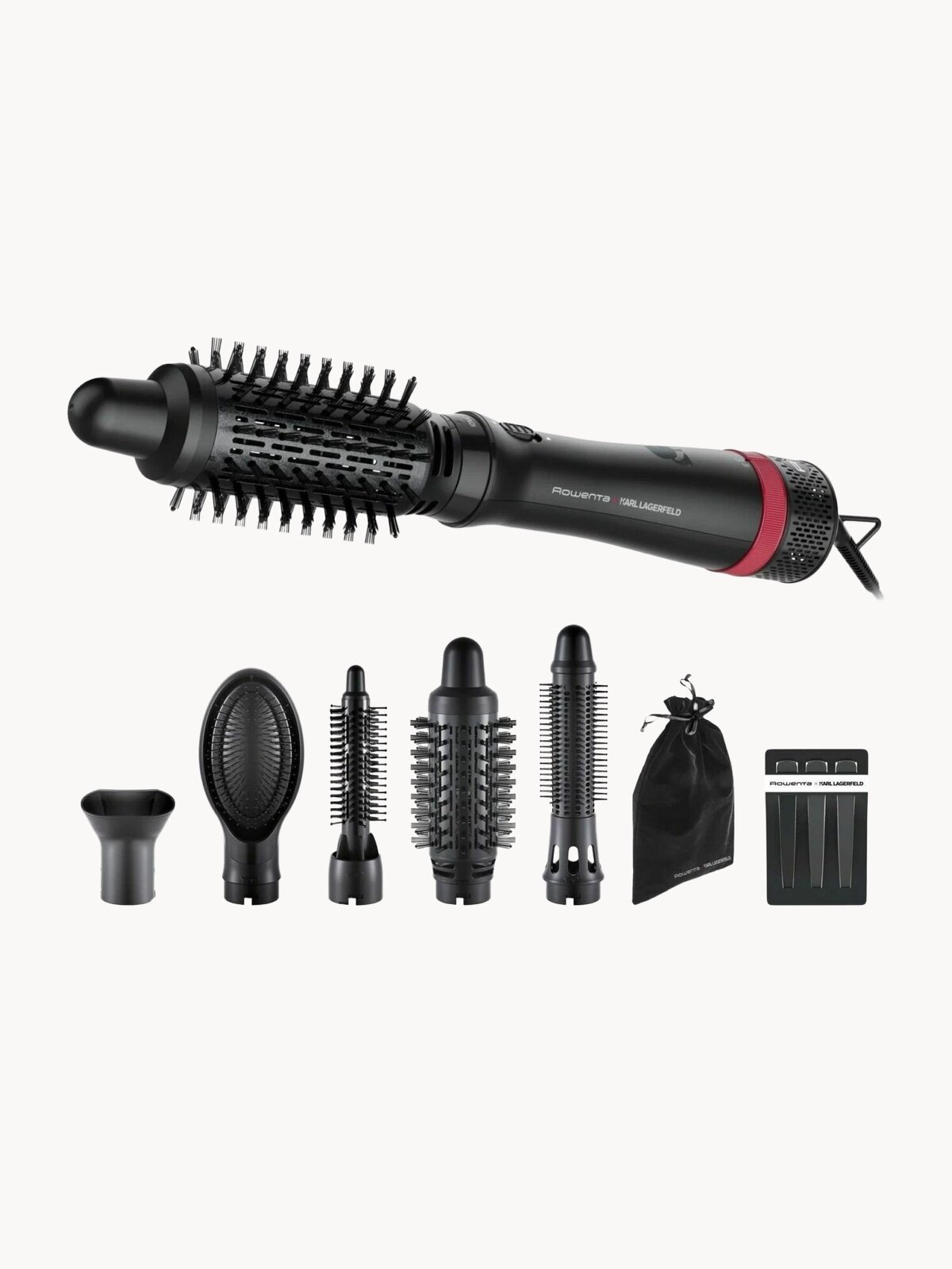 Фен-щетка для волос Rowenta x Karl Lagerfeld 5в1 (CF635LF0) 800 Вт, кол-во насадок 5, черный, красный