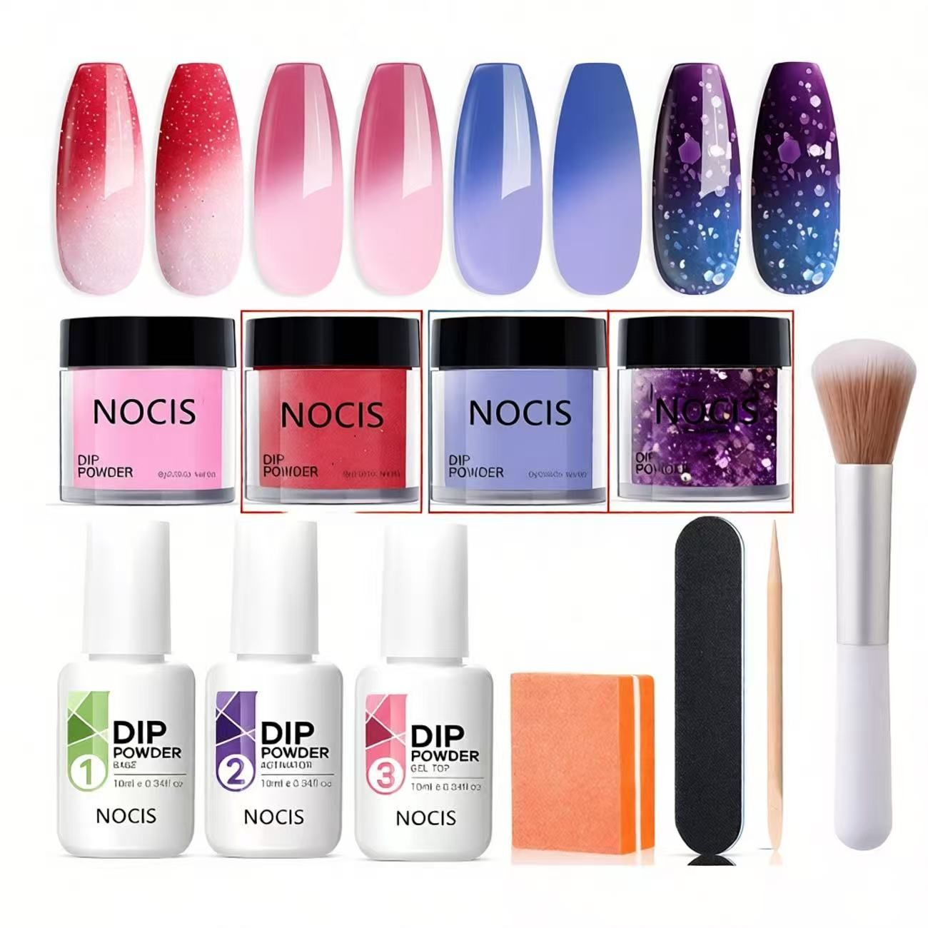 Набор сухого маникюра Dip Powder NOCIS, система без УФ-лампы, база, активатор, топ и пигментная пыль, инструменты в комплекте