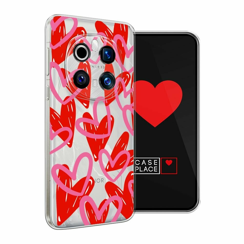 Чехол на Honor Magic 7 Pro / Хонор Мэджик 7 Про с принтом "Hearts doodles - 14 февраля", прозрачный — фото 1