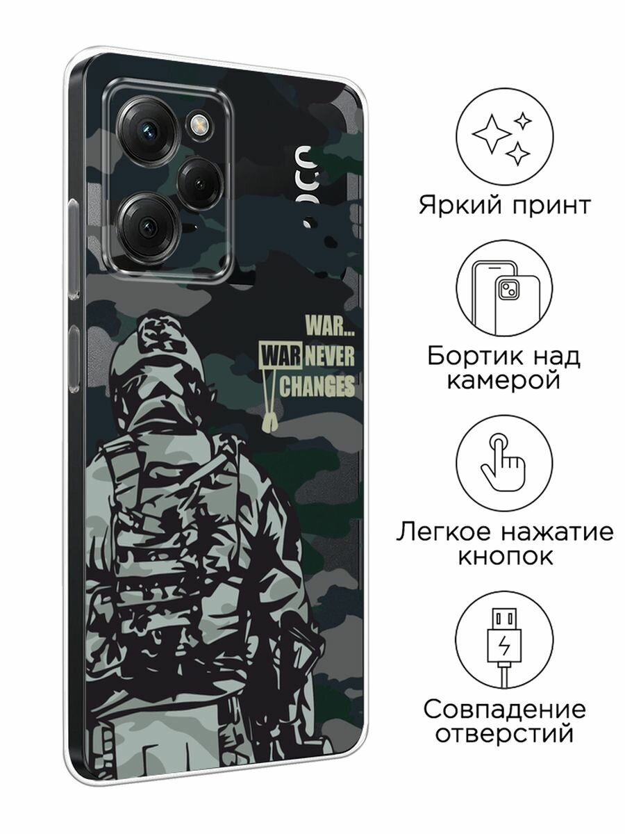 Чехол на Xiaomi Poco X5 Pro 5G / Сяоми Поко X5 Про 5G с принтом "Камуфляж и солдат", прозрачный — фото 1