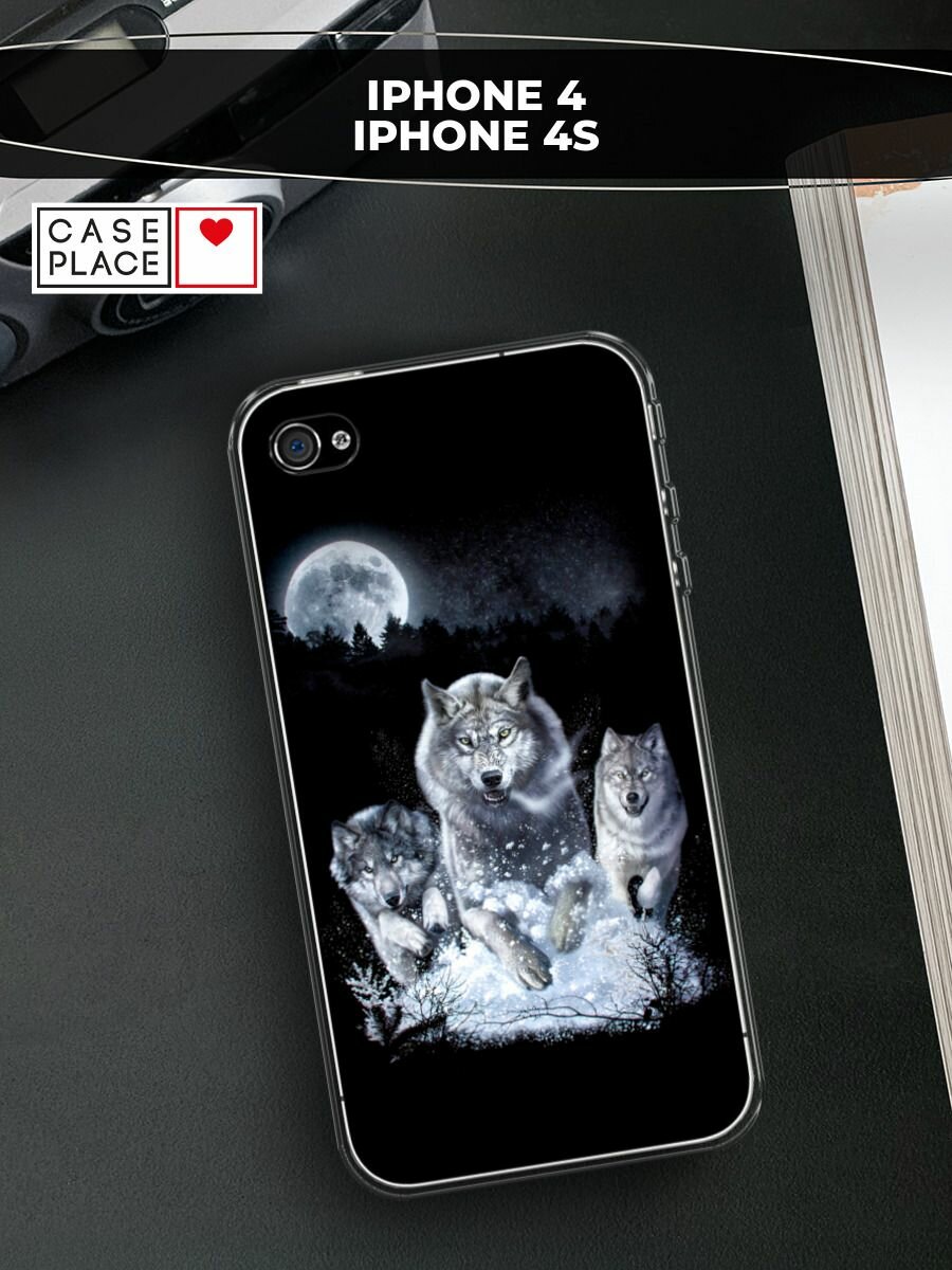 Чехол на Apple iPhone 4/4S / Айфон 4/4S с принтом "Стая волков под луной"