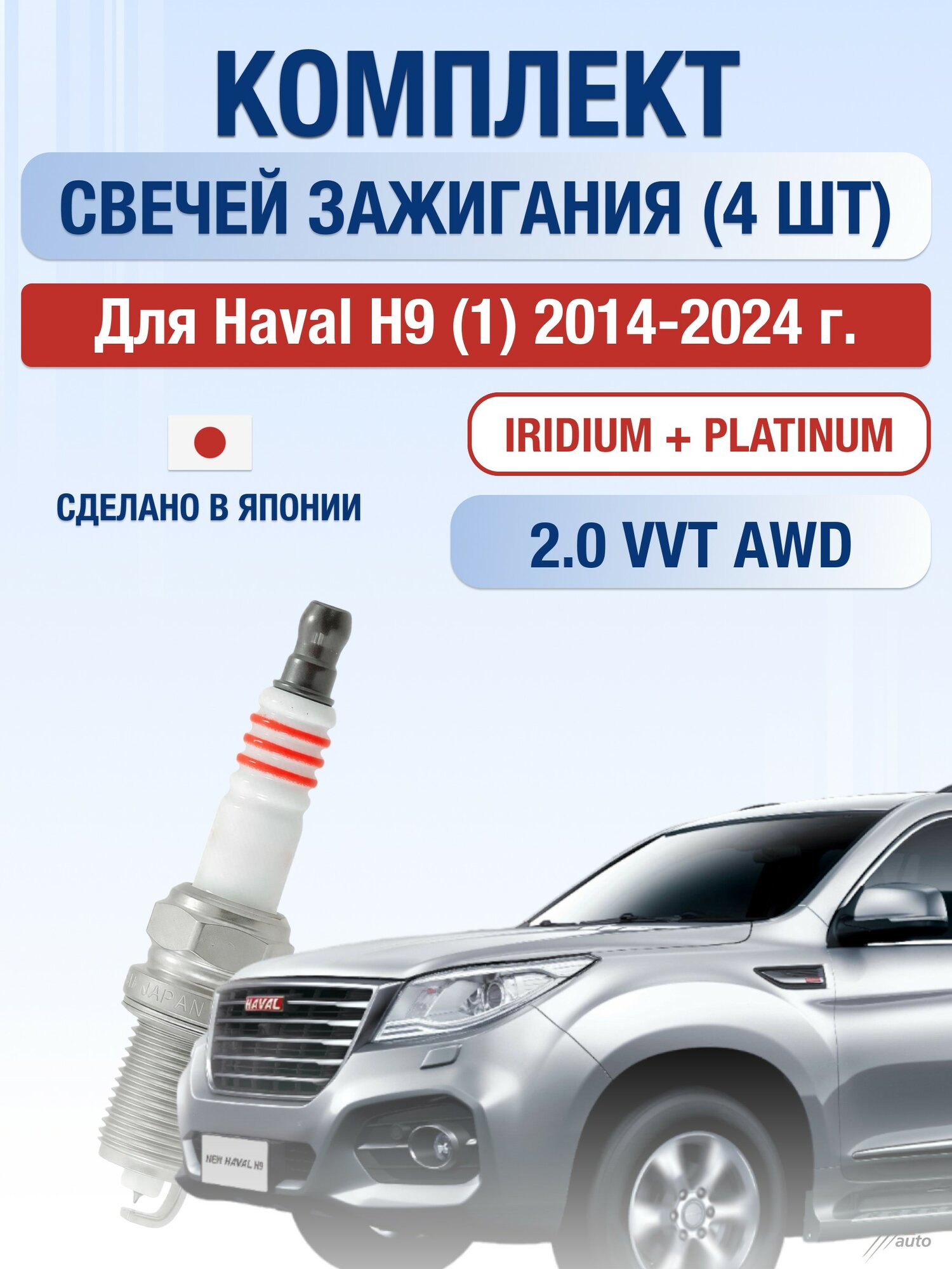 Свечи зажигания для Haval H9 2014-2024 2.0 VVT AWD Двигатель GW4C20, GW4C20B, GW4C20A, комплект из 4 шт.