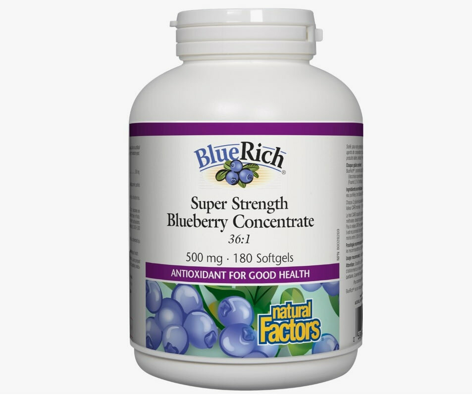 Концентрат черники, Natural Factors BlueRich, Super Strength Blueberry Concentrate, 500 мг, 180 капсул
