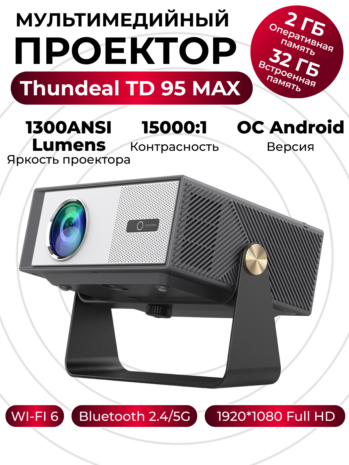 Проектор для фильмов домашний кинотеатр ThundeaL TD95W на Андроид с высоким разрешением FullHD