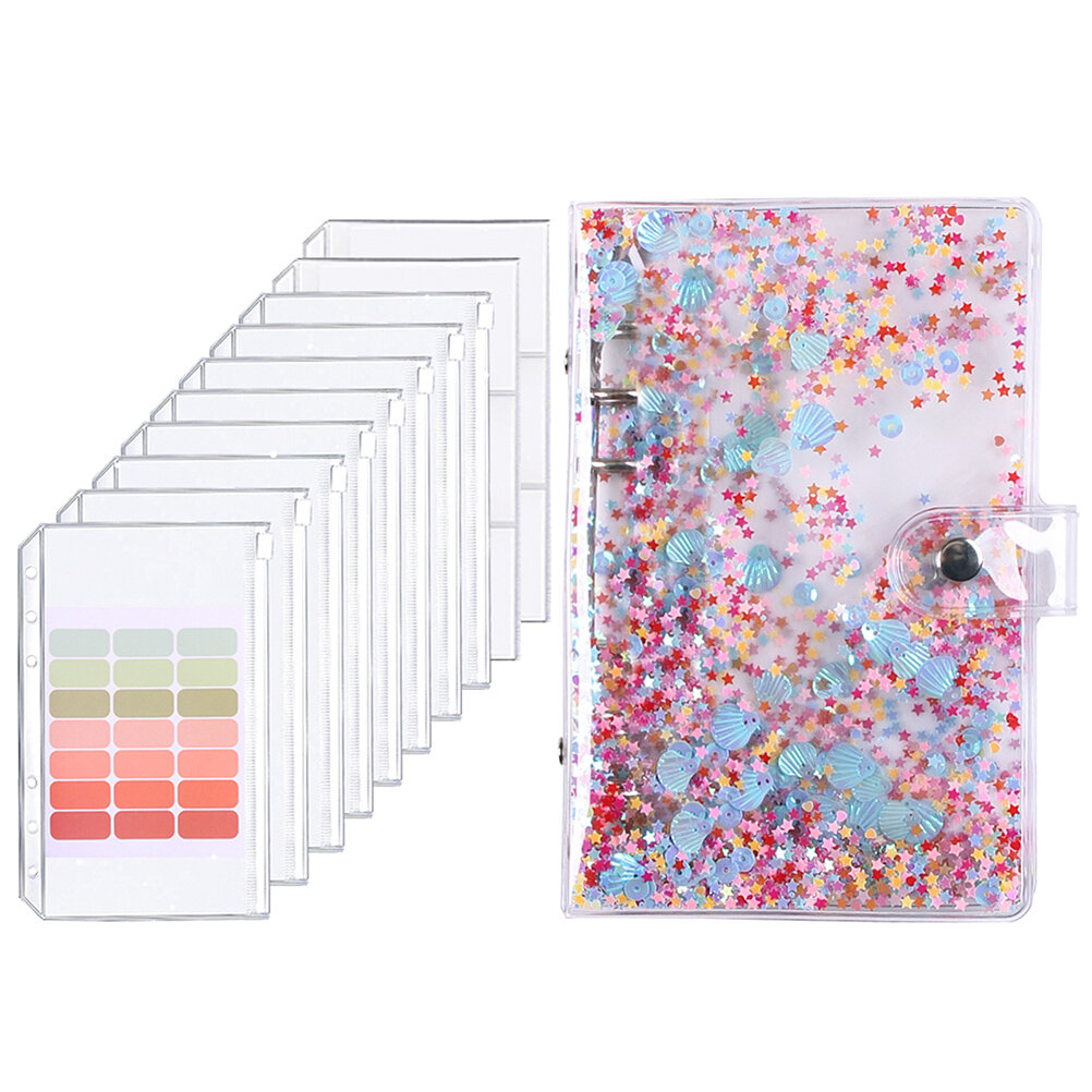 A6 Budget Binder Planner with Clear Sequin Cover 8 Zipper Pockets Card Pouch Double Pocket Labels Blue Shell