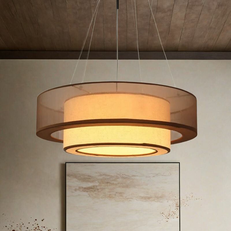 Круглая люстра из двухслойной ткани в теплом китайском ретро стиле. Светодиодные декоративные светильники для интерьера, подходят для ресторанов, офисов, баров и спален.