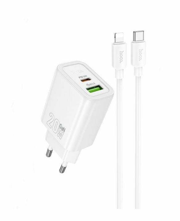 Сетевое зарядное устройство Hoco N61 Gentle, USB-A, USB-C, 20Вт+18Вт, 3A, кабель IOS-Type-C, белое