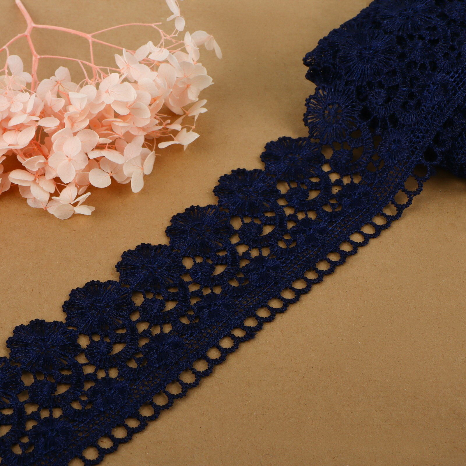 Кружево гипюровое, 60 мм, 6.8+-0.5 м, тёмно-синее, вид: гипюр