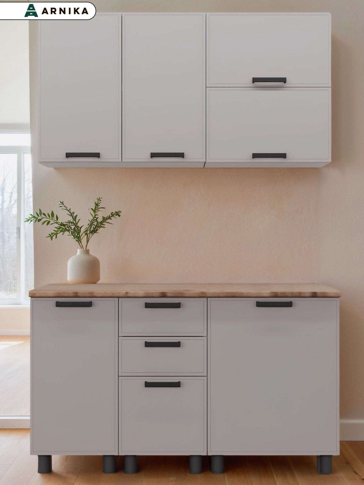 Кухонный гарнитур Арника, ЛДСП, матовый, кашемировый цвет, 1.4м