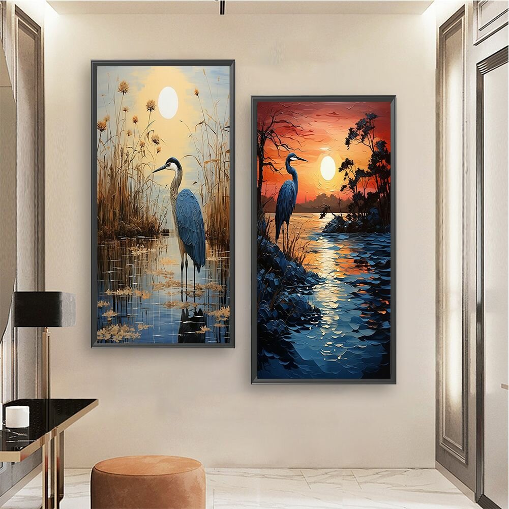 Цифровая картина маслом, океанский пейзаж, белая цапля и цветы, набор картин для украшения дома из 2 предметов, 40х80 см