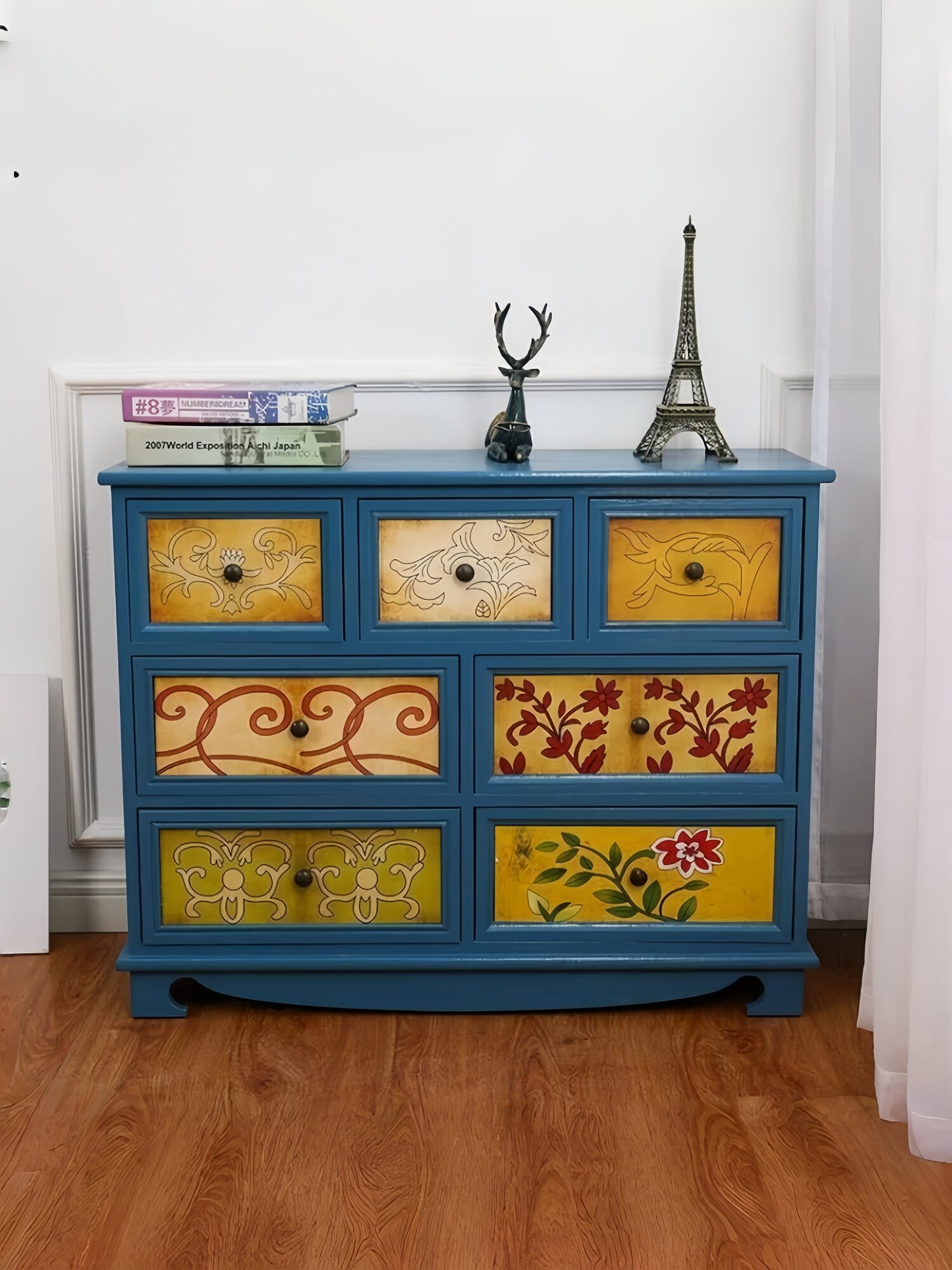 Комод-секретер ZXC, 7 ящиков, с ножками, стиль ретро, голубой