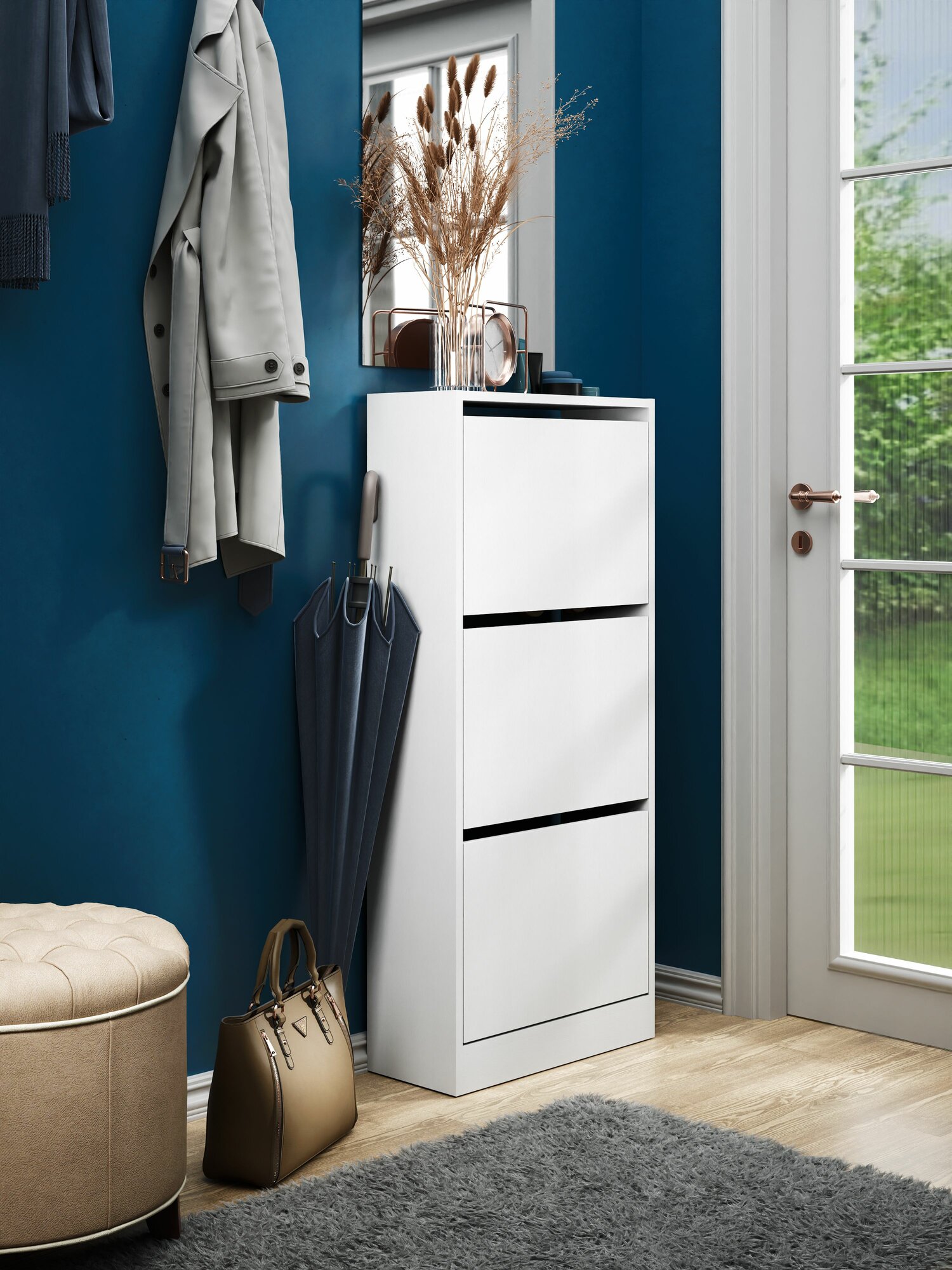 Обувница Лаура-3 белая в прихожую, тумба для обуви, закрытая деревянная, этажерка, полки, галошница высокая ЛДСП