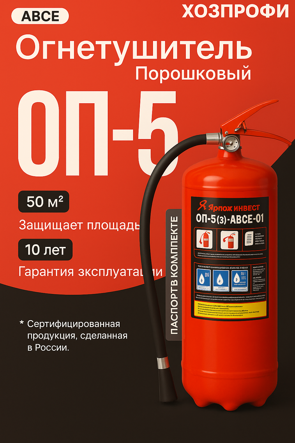 Огнетушитель порошковый ОП-5 Ярпожинвест, для дома и дачи, ручной пуск, переносной, сертифицированный, ГОСТ